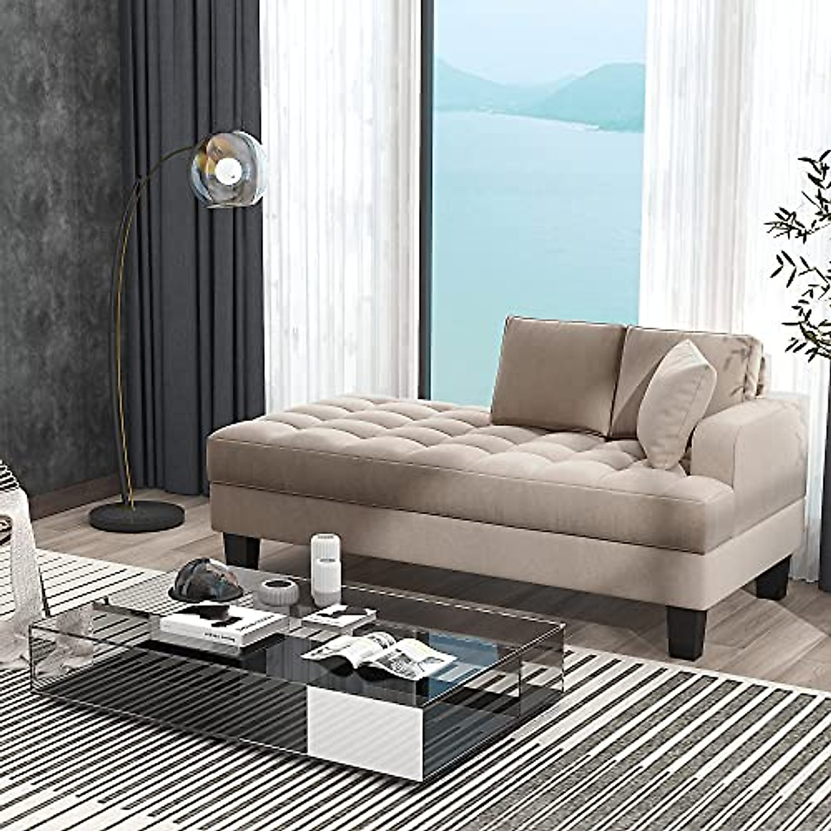 Merax 64" Modern Tufted Chaise Lounge with Toss Pillow Soft Linen Loveseat Sofa for Livingroom Bedroom Office Warm Grey Love Seats, 6431.533"(LDH)
