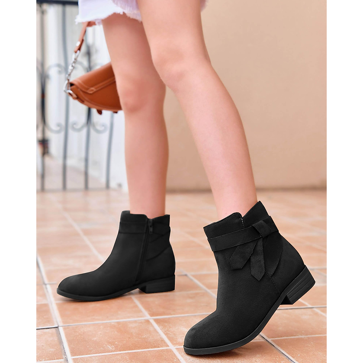 PiePieBuy Kids Girls Tie Knot Ankle Boots Chunky Low Block Heel Chelsea Dress Booties Winter Shoes With Zipper,Black, Size 2 Little Kid