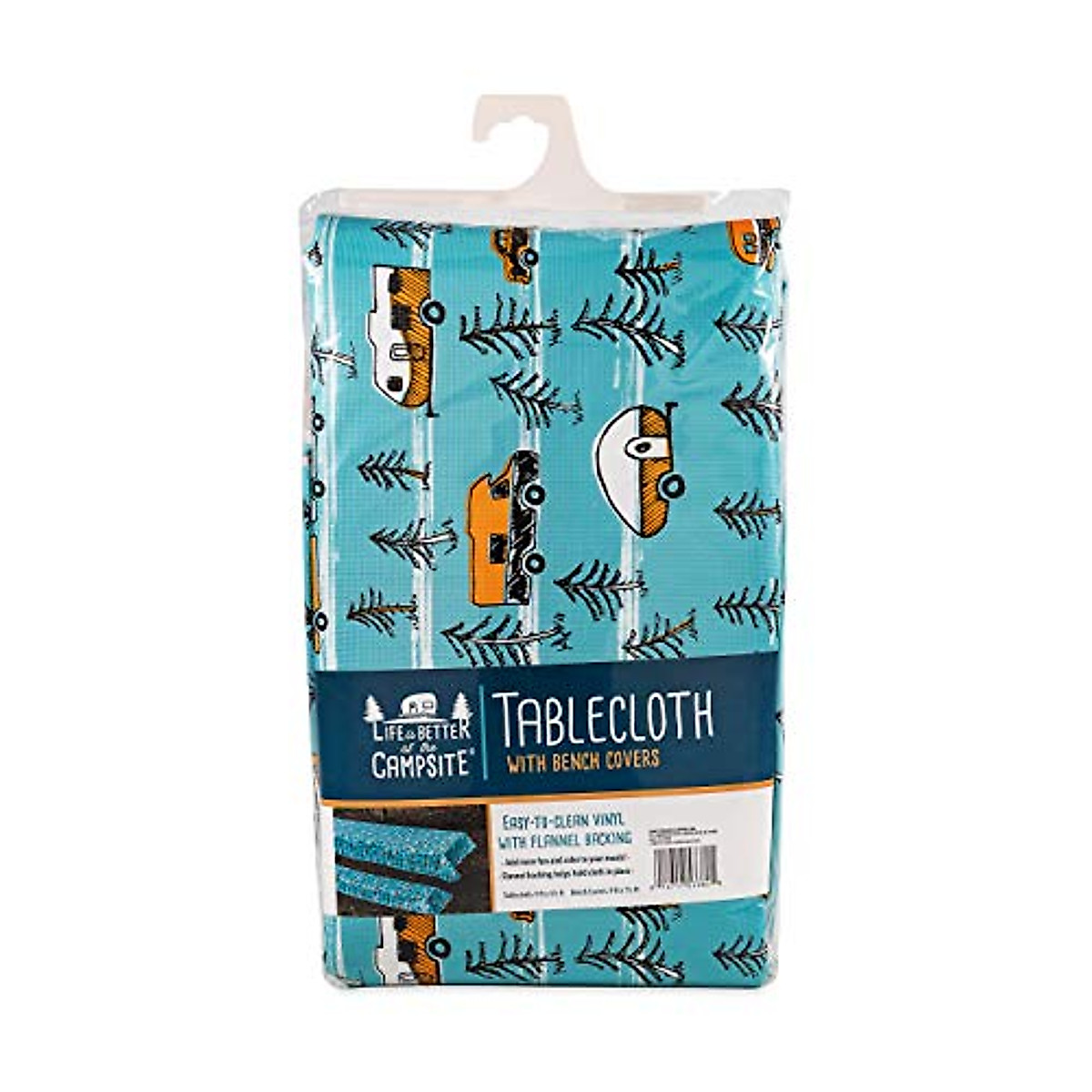 Camco Life is Better at the Campsite Tablecloth with Bench Covers | Provides a Clean Eating Surface for Outdoor Activities | Features an RV and Tree Sketch Design | (53380)