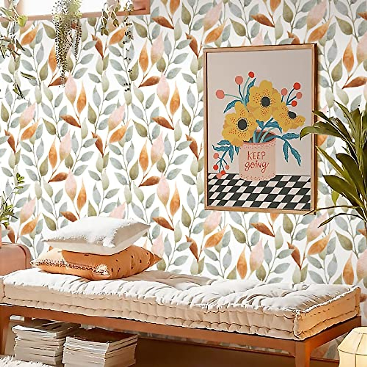 Floralplus Peel and Stick Wallpaper Boho Leaf Stick On Wallpaper Removable Textured Wallpaper Pull and Stick Contact Paper for Cabinet Bathroom Nursery Home Decor 17.7in x 118in