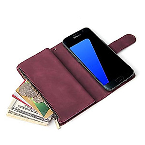 CHICASE Wallet Case for Galaxy S7 Edge,Samsung Galaxy S7 Edge Case,Leather Handbag Zipper Pocket Card Holder Slots Wrist Strap Flip Protective Phone Cover for Samsung Galaxy S7 Edge(Wine Red)