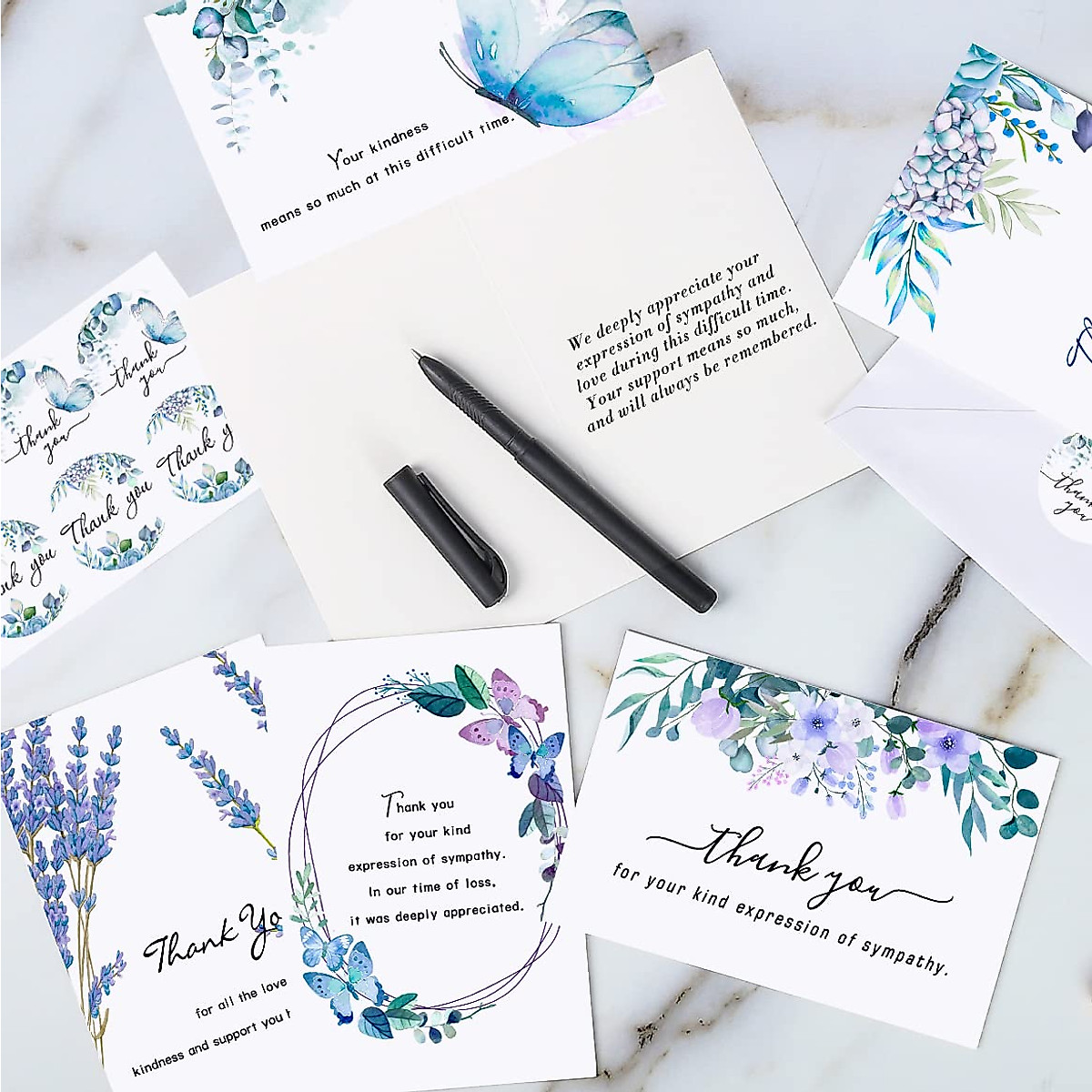 50 Pack Funeral Thank You Cards with Envelopes, Stickers & Message Inside, 4×6 in Watercolor Flowers Butterflies Bereavement Sympathy Thank You Cards for Funeral Family Friends Loved Ones Celebration of Life