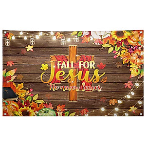 Swepuck 96x60inch Fall for Jesus Backdrop He Never Leaves Photography Background Autumn Thanksgiving Party Decoration Maple Leaves Pumpkin Friendsgiving Photo Banner