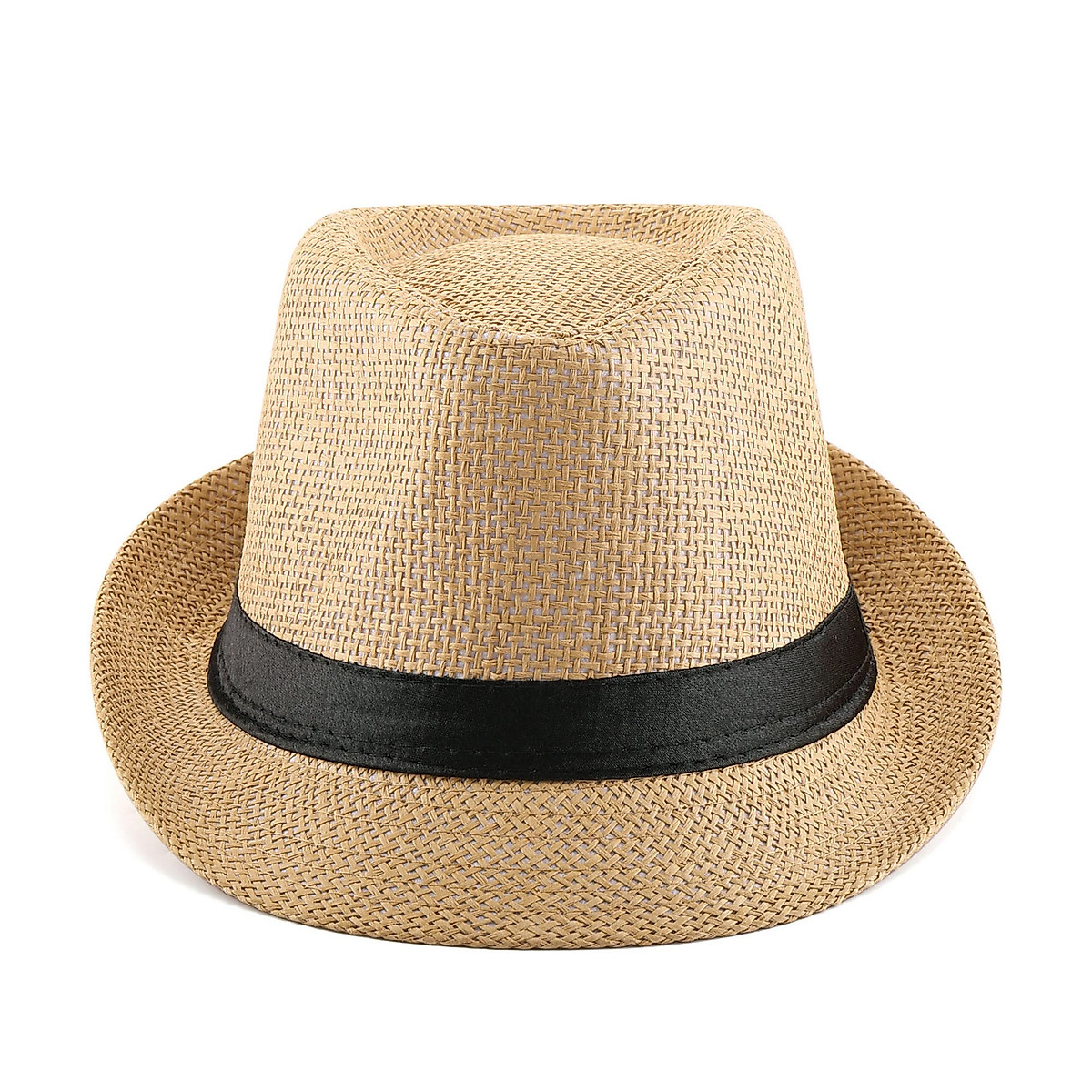 FALETO Unisex Summer Panama Straw Fedora Hat Short Brim Beach Sun Cap Classic (#01 Khaki)