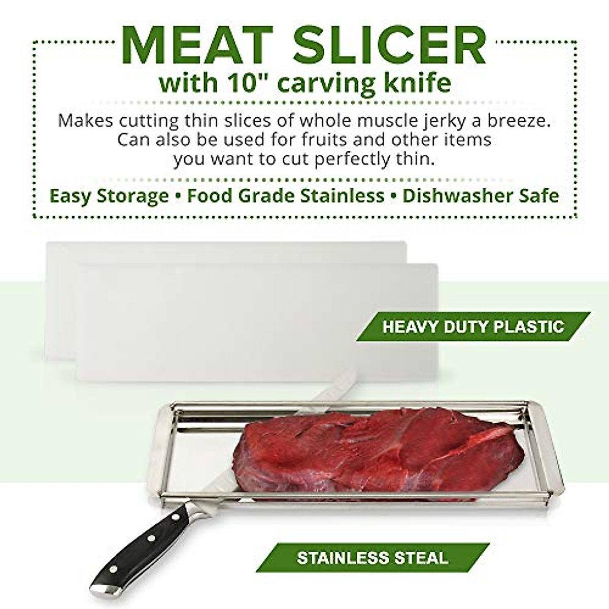 Beef Jerky Meat Slicer Kit- 100% Precision Uniform Slices Guaranteed - Adjustable Thickness Dishwasher Safe Jerky Cutting Board 10" Meat Slicing Knife Jerky Maker and Meat Curing How to Book
