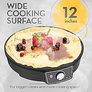 Crepe Maker Machine (Easy to Use), Pancake Griddle – Nonstick 12” Electric Griddle – Pancake Maker, Batter Spreader, Wooden Spatula – Crepe Pan for Roti, Tortilla, Blintzes – Portable, Compact