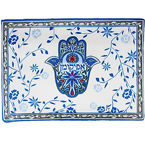 Artistic Passover Seder Dinnerware Set Floral Hamsa Design by Jessica Sporn - Quality Porcelain Round Seder Plate Square Matzah Tray Silk Matzo Cover, Afikoman bag - Pesach Decoration by Aviv Judaica