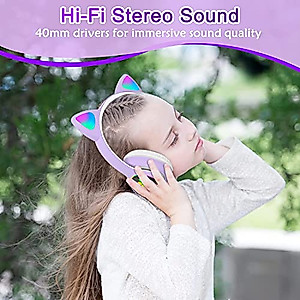 TOKANI Wireless Over-Ear Headphones with Microphone, Bluetooth Cat Ear Headphones for Kids Teens Adults Girls Women (Purple)