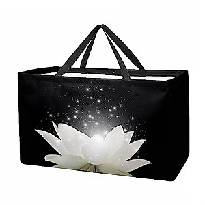 KQNZT Reusable Grocery Bags, Heavy Duty Reusable Shopping Bags, Large Tote Bags with Long Handles and Reinforced Bottom, White Lotus Art