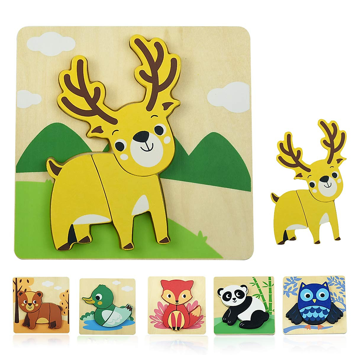 GYBBER&MUMU Wooden Thickened Animal Puzzle Toy Set Panda Deer Owl Duck Fox Puzzle Toy Hand-Eye Coordination Intellectual Toy Set for Preschool (Deer)