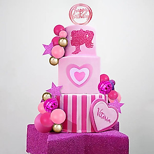 Hot Pink Girl Cake Toppers with Pink Gold Balls Mirror Ball Doll Cake Toppers for Wedding Baby Shower Anniversary Girl Birthday Themed Party Supplies (Style 2)