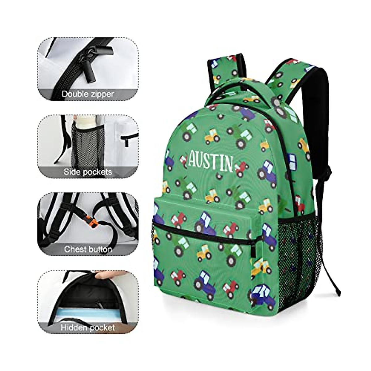 CustomLife Personalized Green Tractors School Backpacks Bookbag Travel Pack for Boys Girls Men Women, 16.5''(H) x 12.2''(L) x 5.9''(W)
