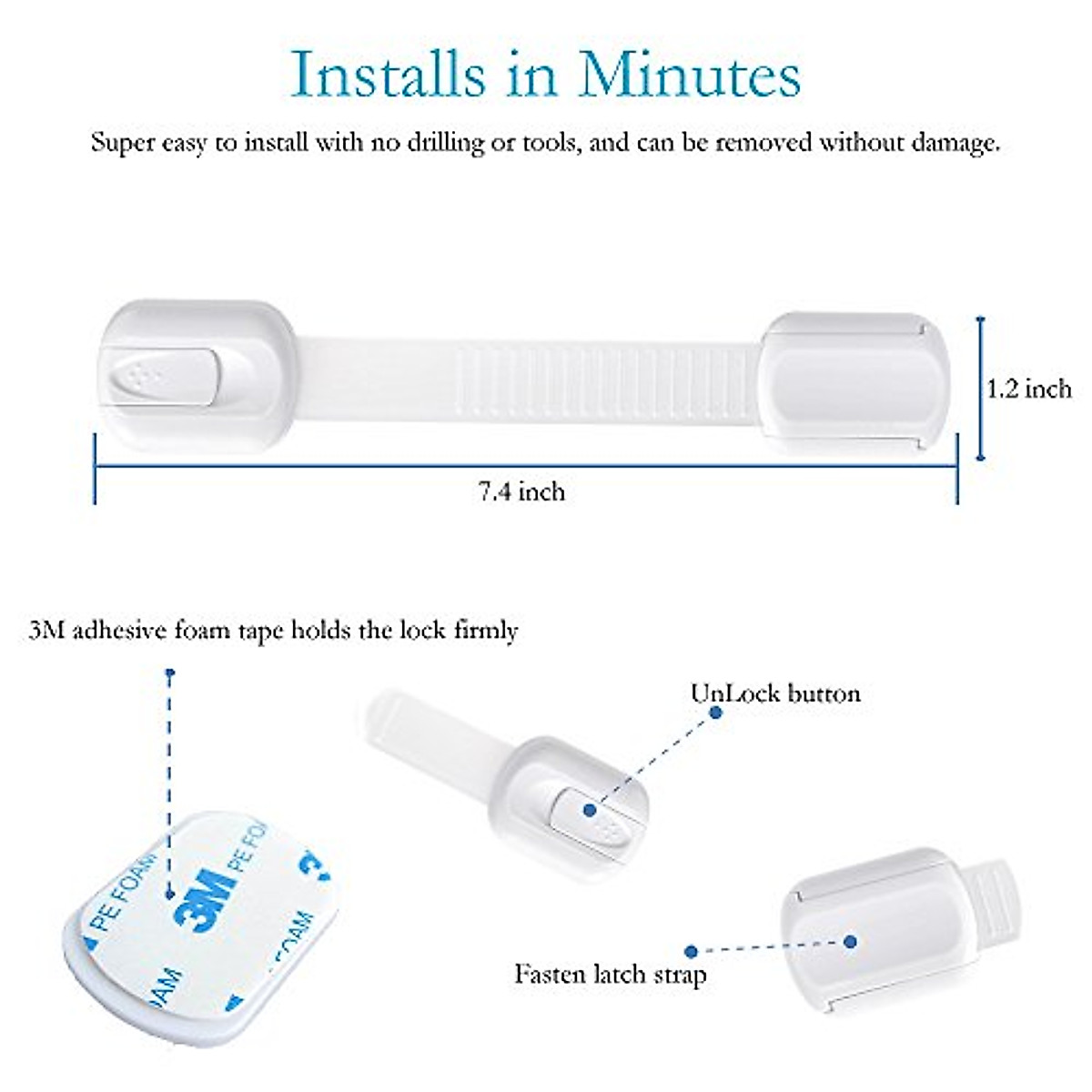 Baby Safety Locks | Child Proof Cabinet, Drawer, Appliances, Toilet Seat, Fridge and Oven & More | No Tools or Driling Required | Use 3M adhesive with Adjustable Strap and Latch System - 6 Pack, White