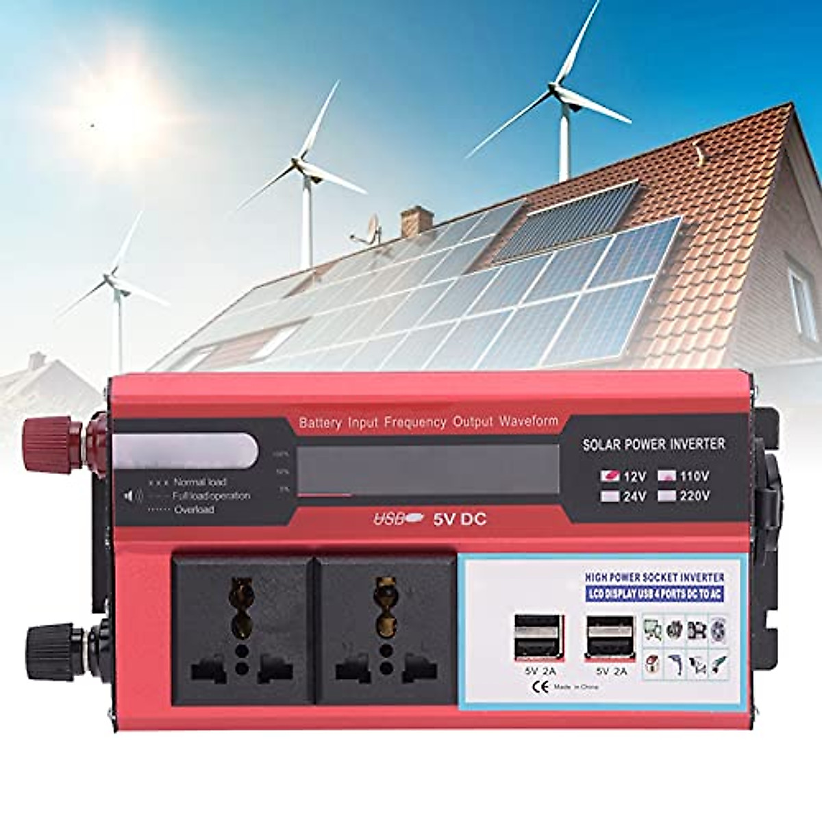 Jeanoko 3000W Solar Inverter, No Noise Power Battery Converter No Pollution Digital Display Solar Inverter 4 USB Ports for Power Office for Driver