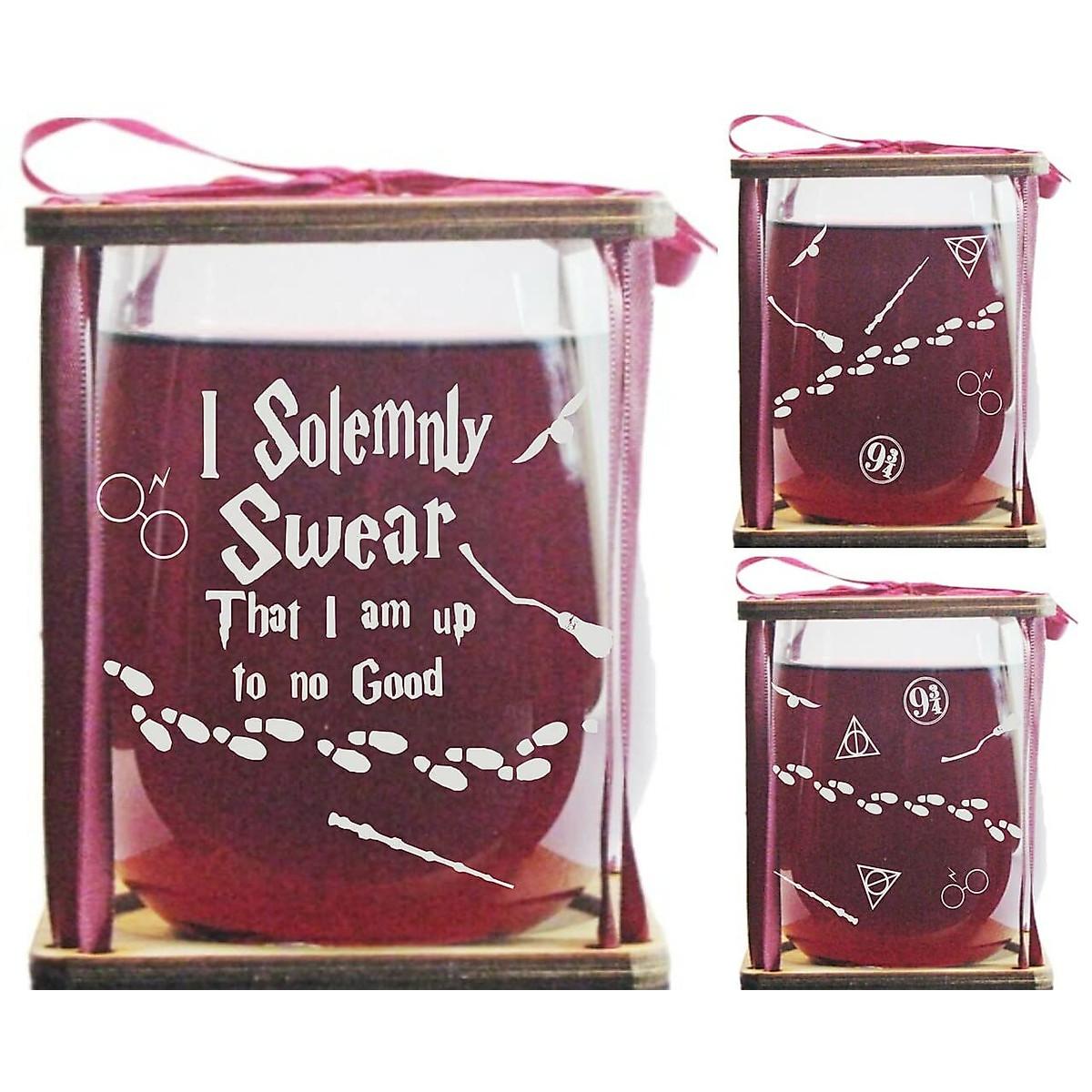 I Solemnly Swear That I Am Up To No Good Stemless Wine Glass and Presentation Packaging