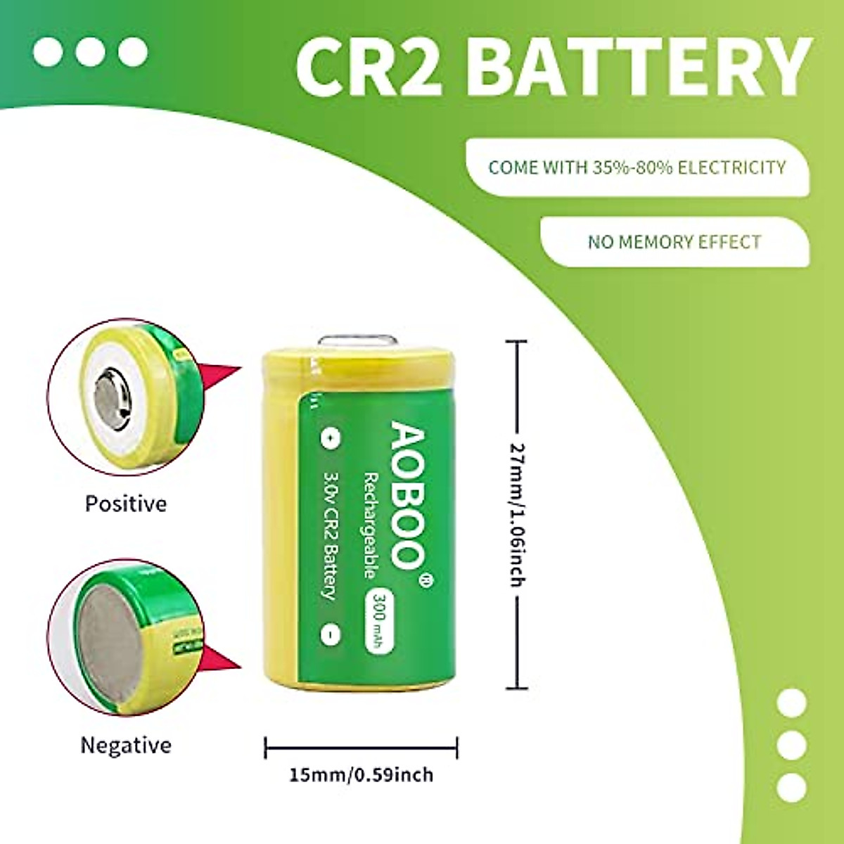 AOBOO CR2 Rechargeable Battery and Fast Charging head-300 mAh 3V Two-Pack Household Battery for Golf rangefinder, Telescope, Electric, Alarm and Other Equipment