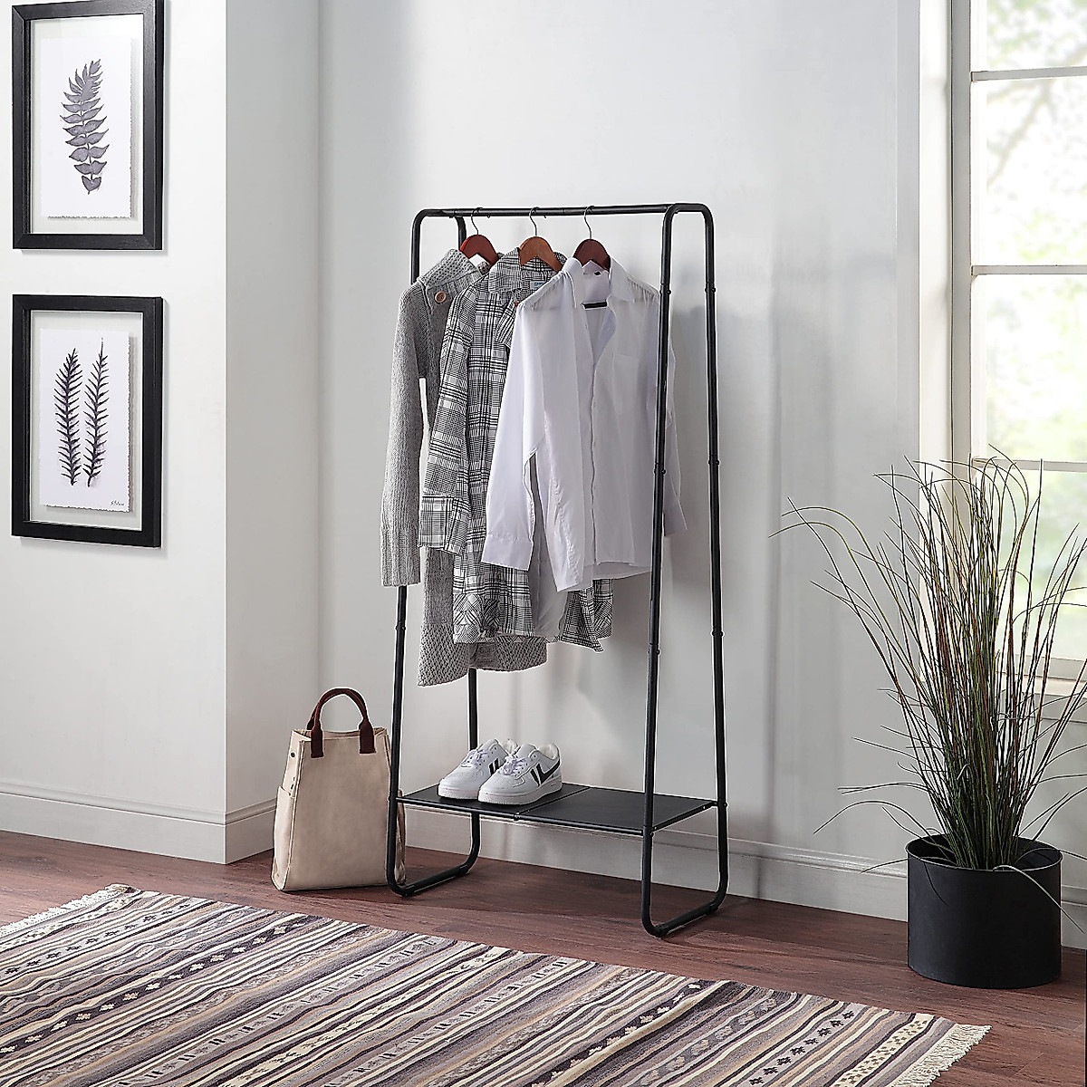 SunnyPoint Freestanding Clothes Garment Rack, Organizer Closet (BLK)