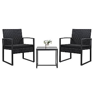 Devoko 3 Piece Patio Outdoor Furniture Set Wicker Table and Chairs Set for Balcony Porch Bistro, Black