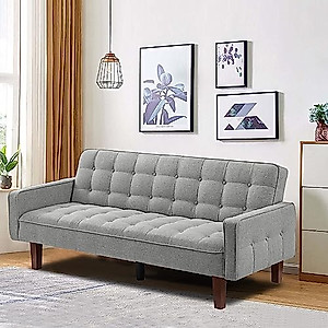 VIPNEW Convertible Futon Sofa Bed, Modern Tufted Loveseat Sofa Sleeper, Linen 3 Seater Couch for Living Room, Bedroom, Apartment, Grey