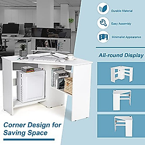 Tangkula White Corner Desk - 90 Degrees Triangle for Computer, Small Space, Bedroom, Makeup Vanity Desk with Storage Shelves & CPU Stand, Space Saving Writing Desk