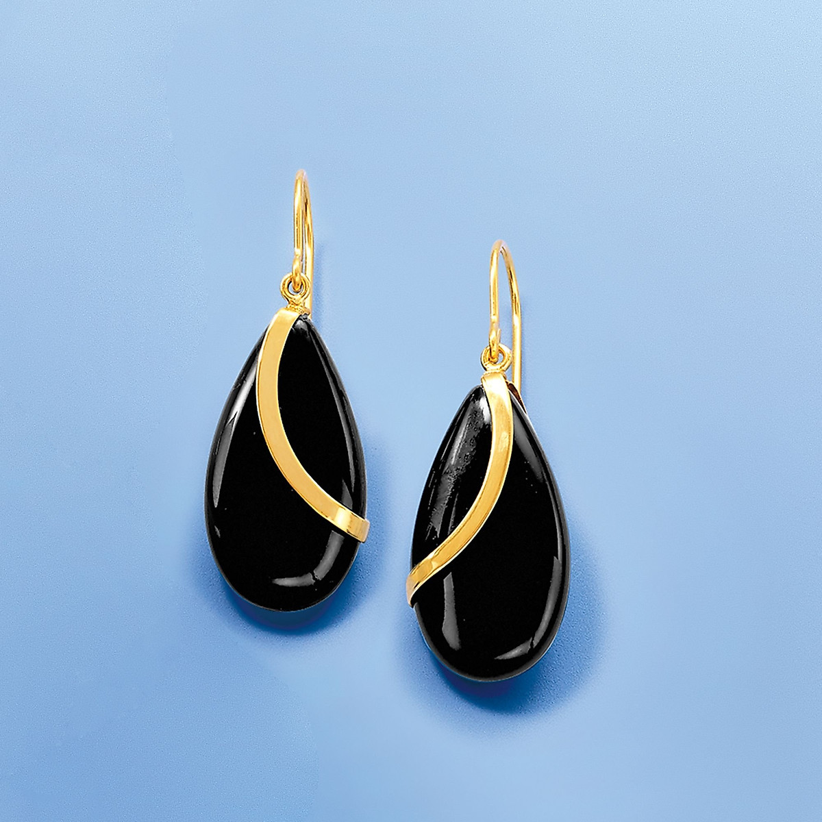 Ross-Simons Pear-Shaped Black Onyx Drop Earrings in 14kt Yellow Gold