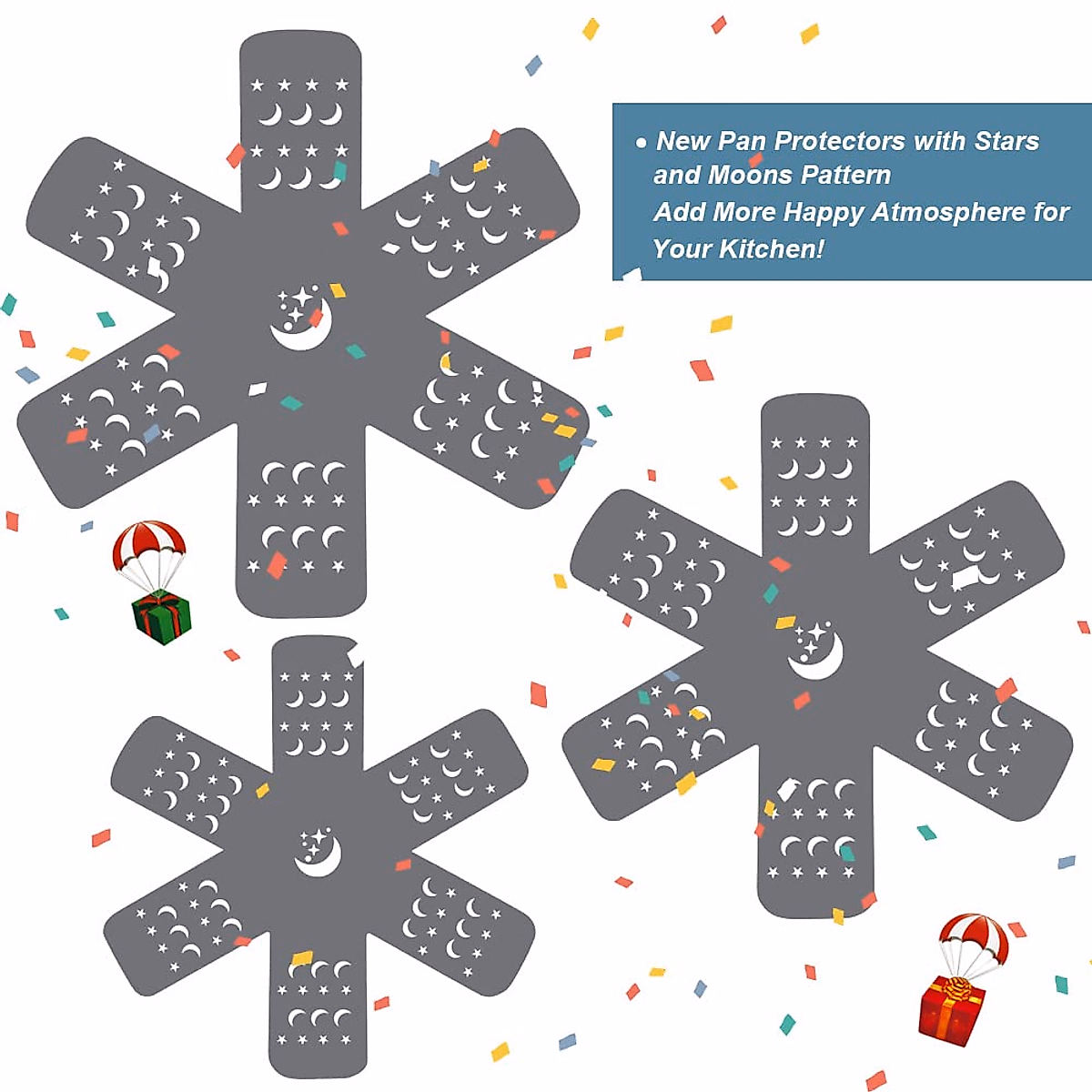 BYKITCHEN Pan Pot Protectors, Pan Protector with Stars and Moons, Set of 12 and 3 Different Sizes, Larger&Thicker Gray Pan Separators/Pot Protectors for Stacking and Protecting Your Cookware