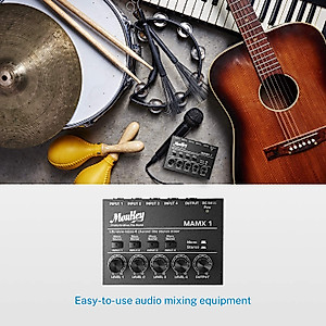 Moukey Mini Audio Mixer Line Mixer, DC 5V, 4-Stereo Ultra, Low-Noise 4-Channel for Sub-Mixing, for Small Clubs or Bars, As Guitars, Bass, Keyboards Mixer, 2021 New Version-MAMX1