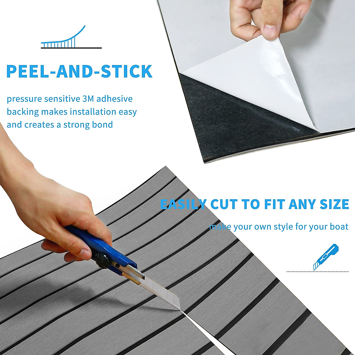 Boat Flooring EVA Foam Faux Teak Marine Mat Self-Adhesive Decking Sheet Non Slip Carpet for Motorboat RV Yacht Kayak Surfboard Deckinging (35in x 94in Grey with Black Seam Lines)