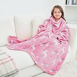 Wearable Fleece Blanket with Sleeves & Foot Pocket for Kids Boys Girls Children,Lightweight Soft Blanket with Sleeves and Hook & Loop 48" x 48" Pink Unicorn