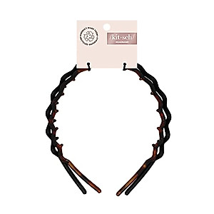 Kitsch Zig Zag Headbands - Recycled Plastic Hair Band for Men & Women - Classic 90s Headband & Hairband - Mens Headband - Wavy Headband with Teeth - Hair Headbands - 2pcs Black & Tort