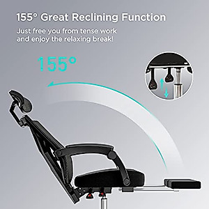 Hbada Ergonomic Office Chair High Back Desk Chair Recliner Chair with Lumbar Support Height Adjustable Seat, Headrest- Breathable Mesh Back Soft Foam Seat Cushion with Footrest, Black