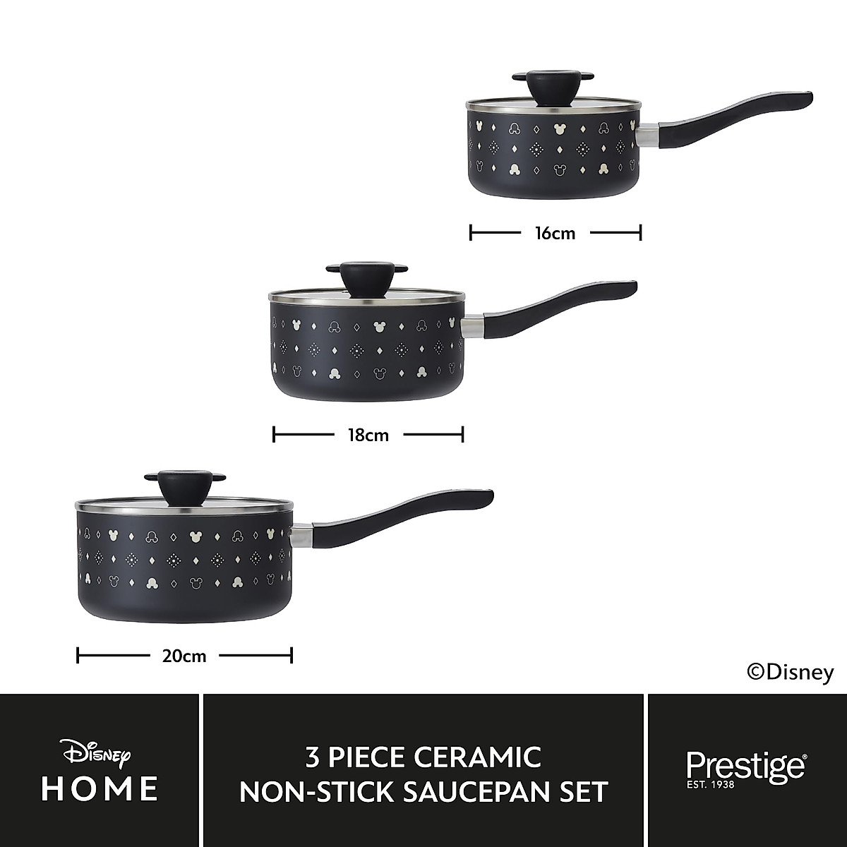 Prestige x Disney Monochrome Ceramic Non Stick Saucepan Set of 3 with Lids - 16, 18 & 20cm Induction Saucepan Set, PFAS & PFOA Free, Non Toxic Cookware