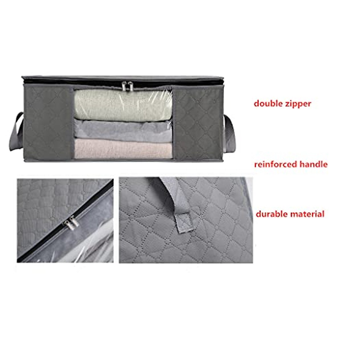 MANZOO Storage Bag Organizer Clothes Containers with Reinforced Handle for Comforters, Blankets, Bedding, Foldable Sturdy Zipper, Clear Window, 6 PC Pack, 35L, Grey