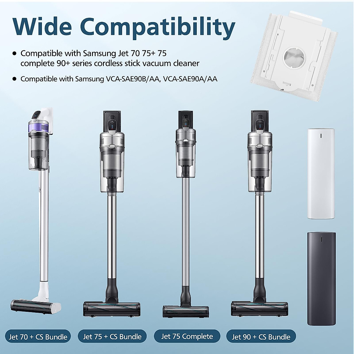 8 Pack VCA-ADB90 Dust Bag Compatible with Samsung VCA-SAE903/AA & VCA-SAE904/AA, Replacement Bags for Jet 75 Complete 75+ 90+ 70+ Series Stick Cordless Vacuum Cleaners, Compared to Part VCA-ADB90/XAA