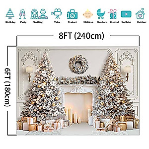 Mocsicka Classic Christmas Interior Room Photography Backdrop White Christmas Fireplace Photo Background Decorated Xmas Tree Family Kids Holiday Party Banner Decorations Photo Booth Props (8x6ft)