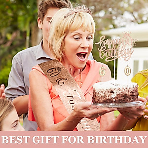TOBATOBA 60th Birthday Decorations Women, Rose Gold 60 & Fabulous Birthday Sash, 60th Birthday Crown Tiara, Birthday Candles and Cake Toppers, Happy 60th Birthday Gifts for Women Birthday Decor