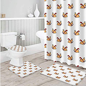 FAMILYDECOR 4 Pcs Bathroom Decor Set, Polyester Waterproof Bath Curtain and Non-Slip Bathroom Rugs Toilet Lid Cover, Cute Cartoon Corgi Running Shower Curtain with Hooks 36x72 Inch
