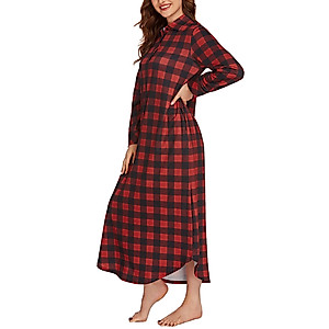 Ekouaer Women's Nightgown Long Sleeve Nightshirt Full Length Loungewear Plaid Sleepwear With Pockets, Red Plaid, Large