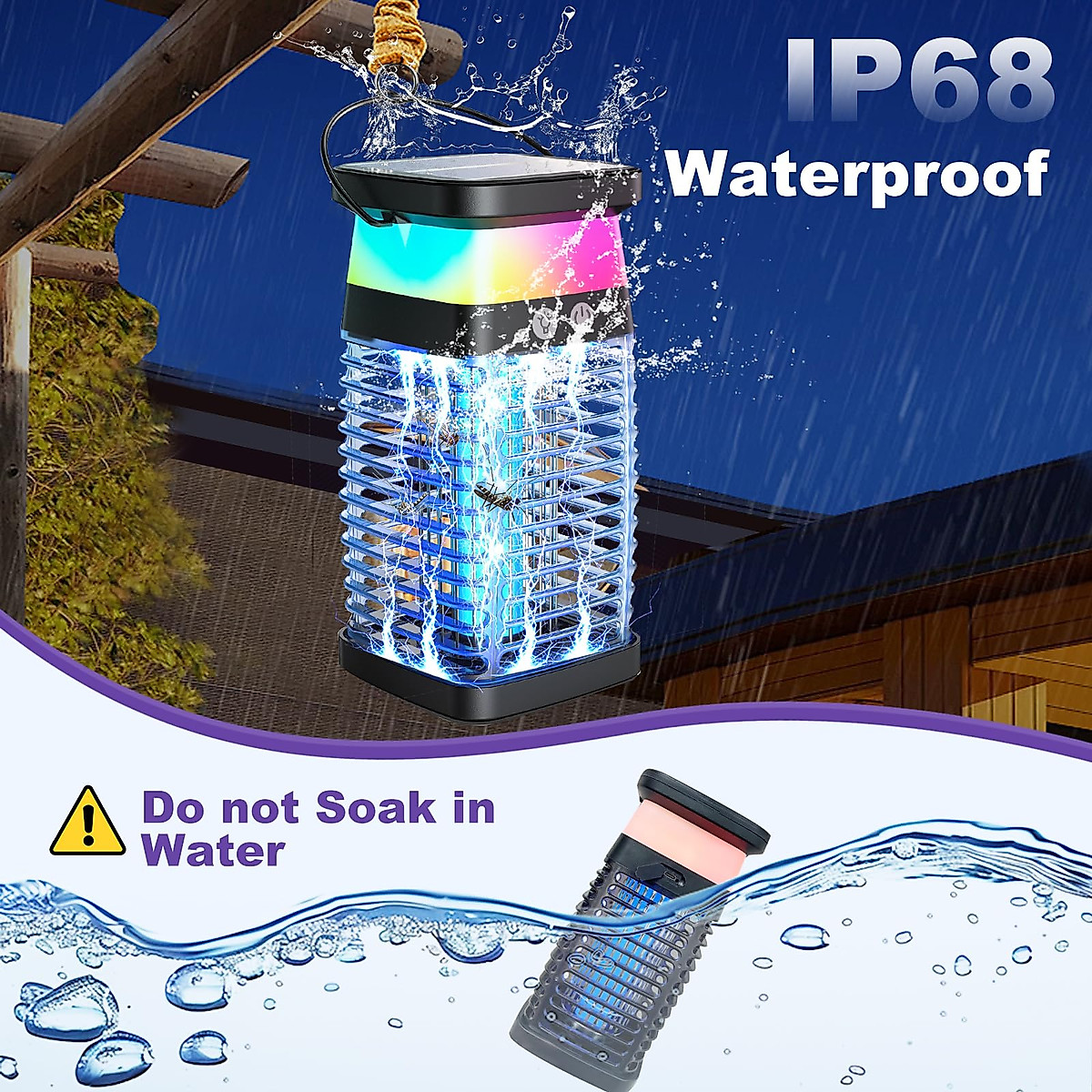 Solar Bug Zapper Outdoor,Portable Mosquito Zapper, Indoor Mosquito Zapper Rechargeable,IP68 Waterproof Electric Mosquito Trap Fly Zapper with RGB Light for Patio,Camping,Home,Backyard,Garden