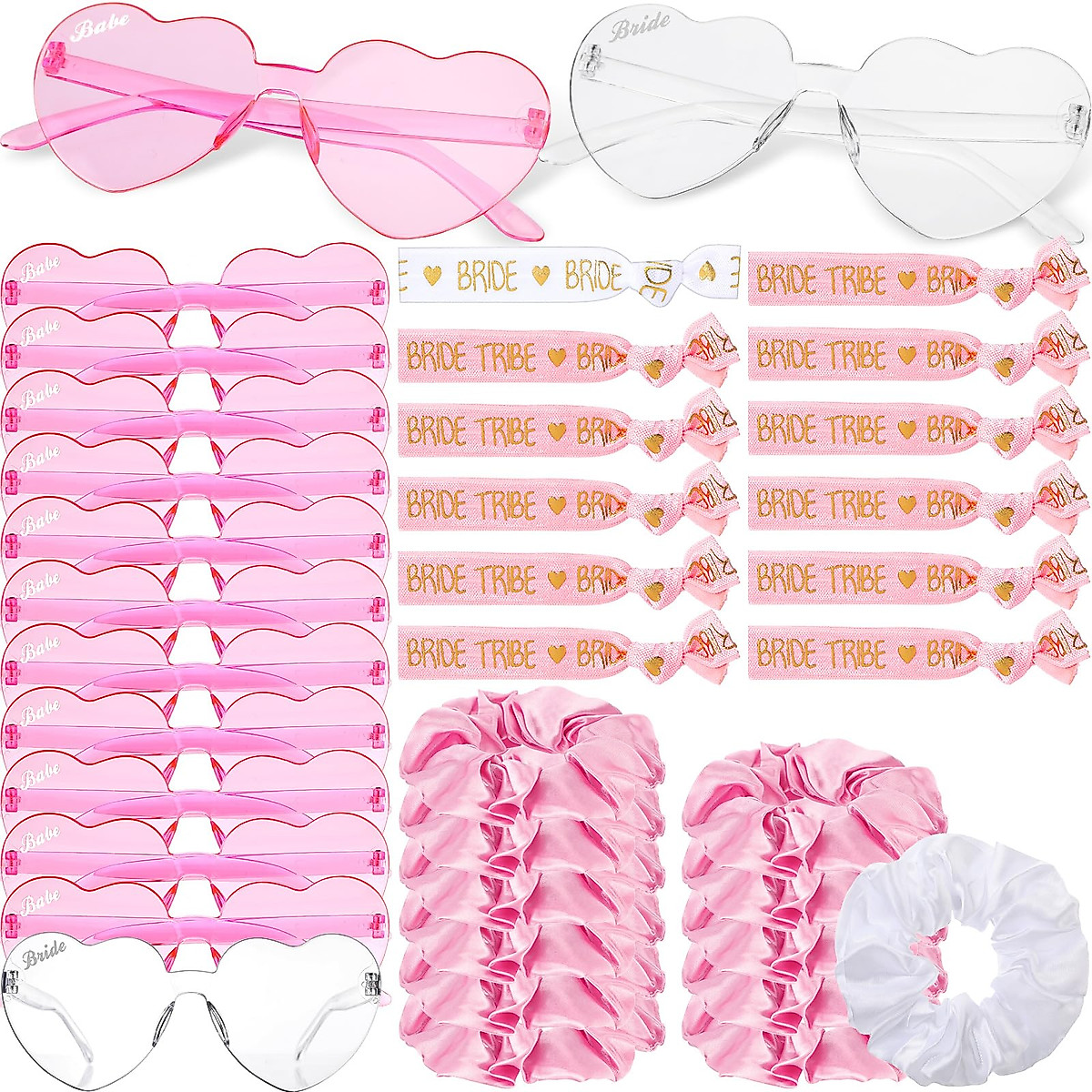 Kanayu 12 Sets Bachelorette Party Decorations Bachelorette Sunglasses Satin Bridesmaid Scrunchies Wristbands for Bridesmaids (Pink, White)