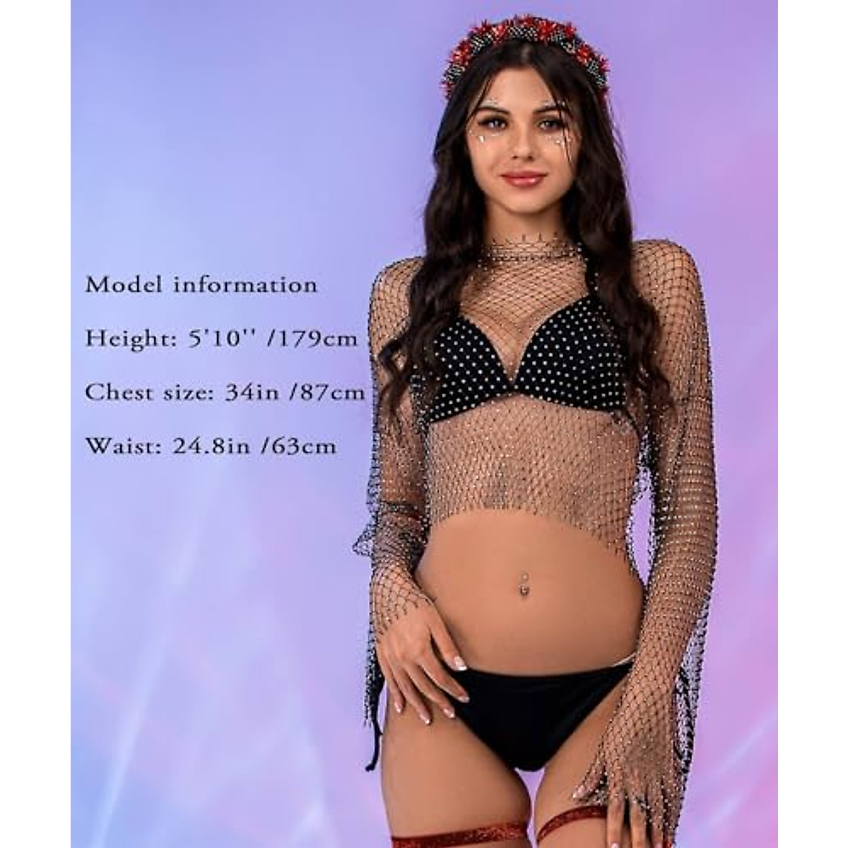 Yokawe Black Fishnet Rhinestone Crop Top, Long Sleeve Mesh Glitter Party Festival Top for Women & Girls
