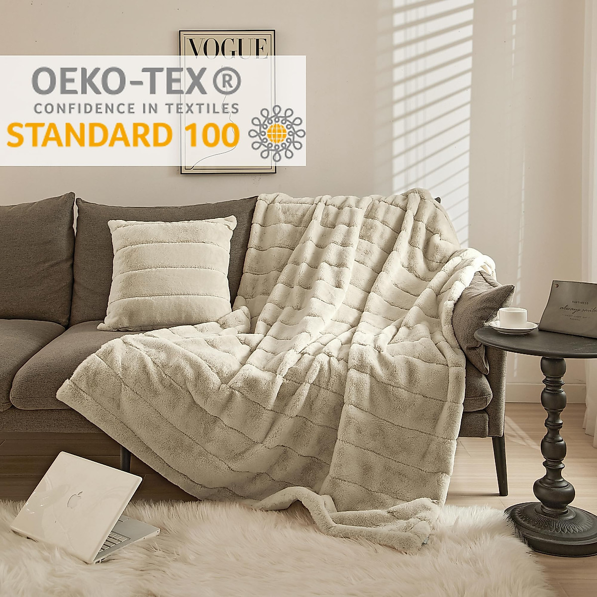 Geniospin Ultra Soft Throw Blanket for Couch, Bed, Sofa - 450 GSM Faux Fur Reversible Blankets with Strip, Fluffy Plush Fuzzy Throws, Warm, Luxury and Cozy Blanket (Ivory, 50x60 inches)