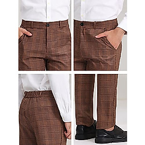Lars Amadeus Men's Brown Plaid Dress Pants Straight Leg Flat Front Business Formal Checked Trousers 36