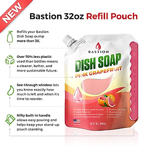 Bastion Dish Soap - Liquid Dishwashing Degreaser & Detergent - Pink Grapefruit Fragrance - 32oz Refill Pouch- All Natural - Cruelty-Free