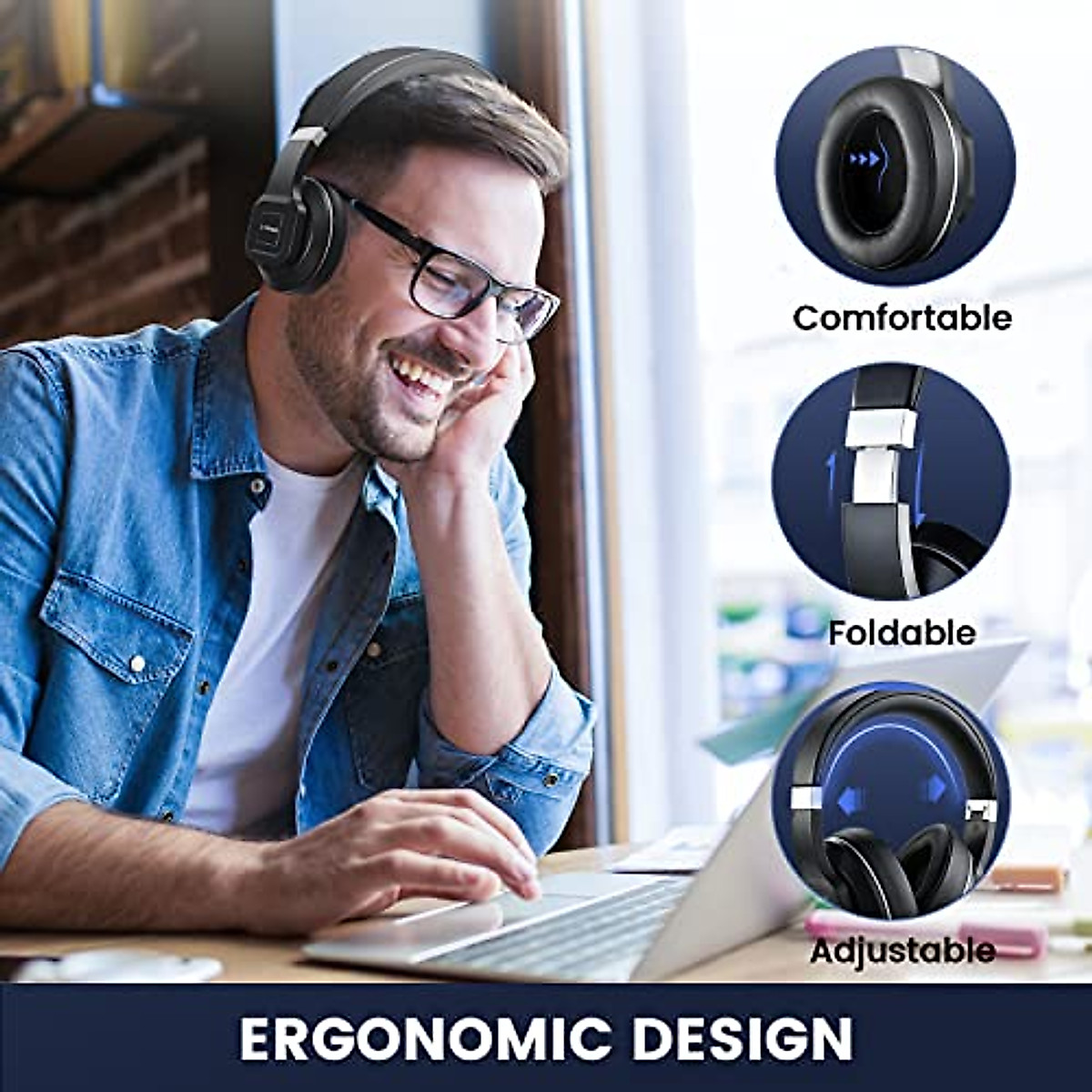 Active Noise Cancelling Headphones, LTXHorde Wireless Over Ear Bluetooth Headphones with 40H Playtime, 5 EQ Modes, Deep Bass, Built-In HD microphone, Foldable, Comfortable Fit for Home, Office, Travel
