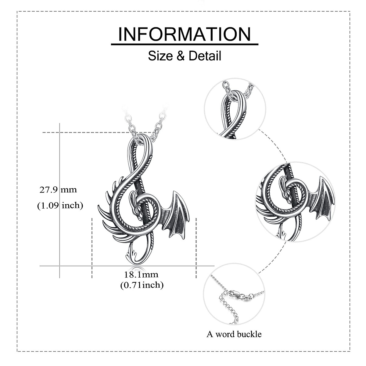 YAFEINI Dragon Necklace 925 Sterling Silver Music Note Aesthetic Pendant Chain Vintage Gift for Men Women