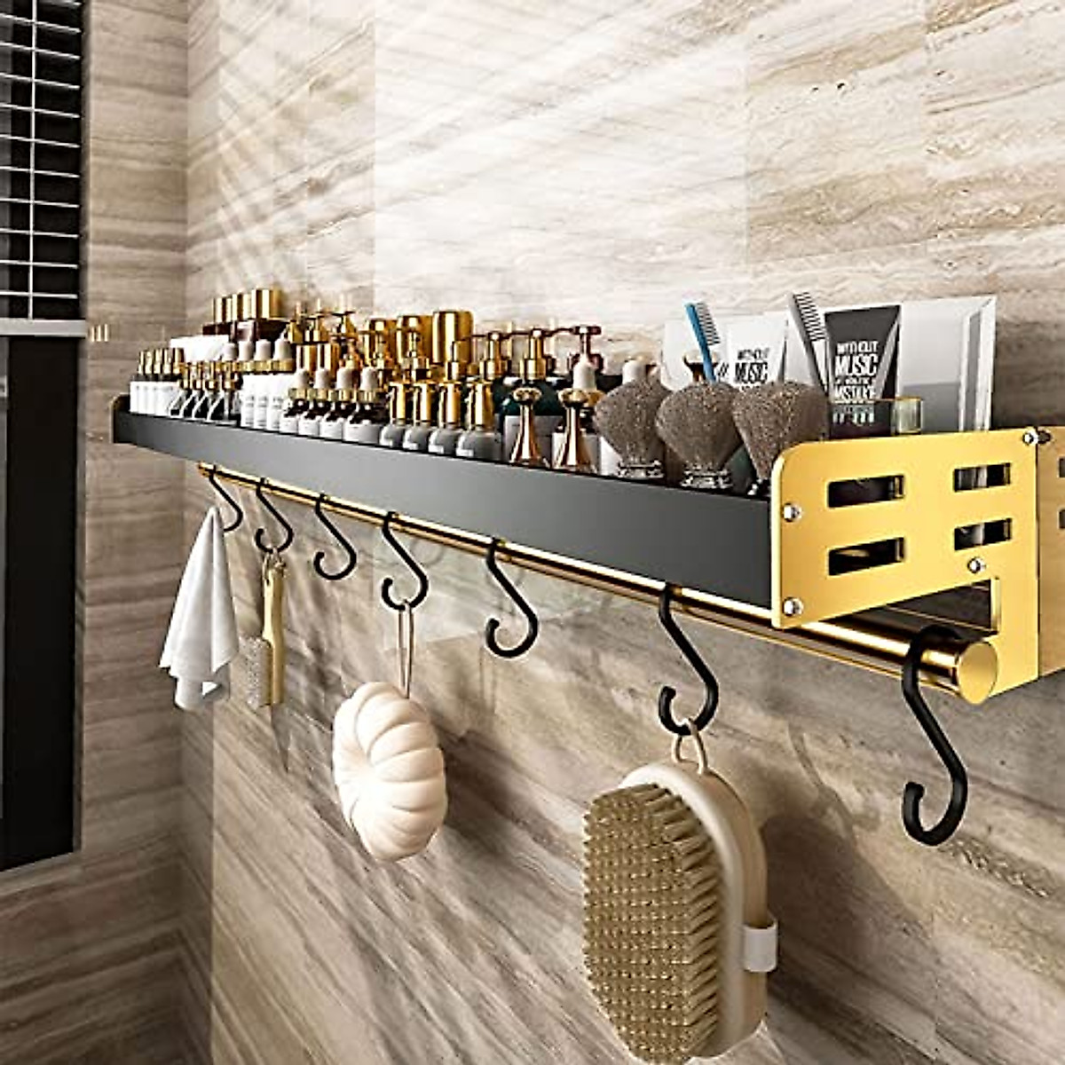 24HOCL Floating Shelves Wall Mounted with 7 Removable S Hooks, Adhesive/Drill Installation Wall Shelves for Bedroom/Bathroom/Living Room/Kitchen/Laundry Room, Storage & Decoration, Black/Gold