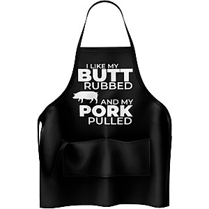 Funny Apron for Men - I Like My Butt Rubbed And My Pork Pulled - Adjustable Large 1 Size Fits All - Poly/Cotton Apron with 2 Pockets - BBQ Gift Apron for Father, Husband, Chef