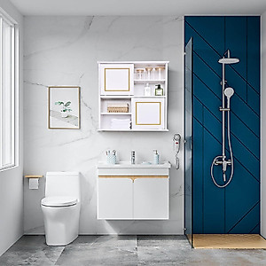 Ceredeme Wall Storage Cabinet, Bathroom Medicine Cabinets with Sliding Door and Adjustable Shelves, Wood Fashion Cabinet for Bathroom, Kitchen, Living Room, White