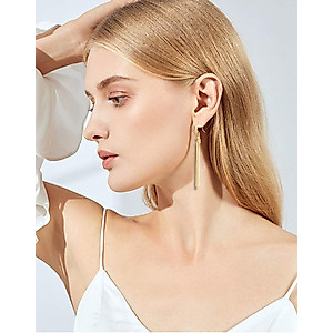 CULOVITY Simple Long Necklace Earrings Set Vertical Bar Pendant Necklaces Bar Drop Earrings Lariat Chain Polished Jewelry for Women, 2.4" Pendant 35" Chain Gold Plated